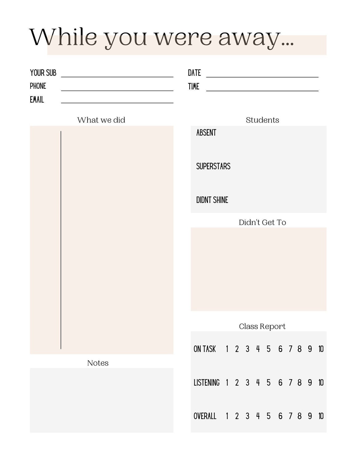 Neutrals Substitute Report Substitute Teacher Class Report | Etsy