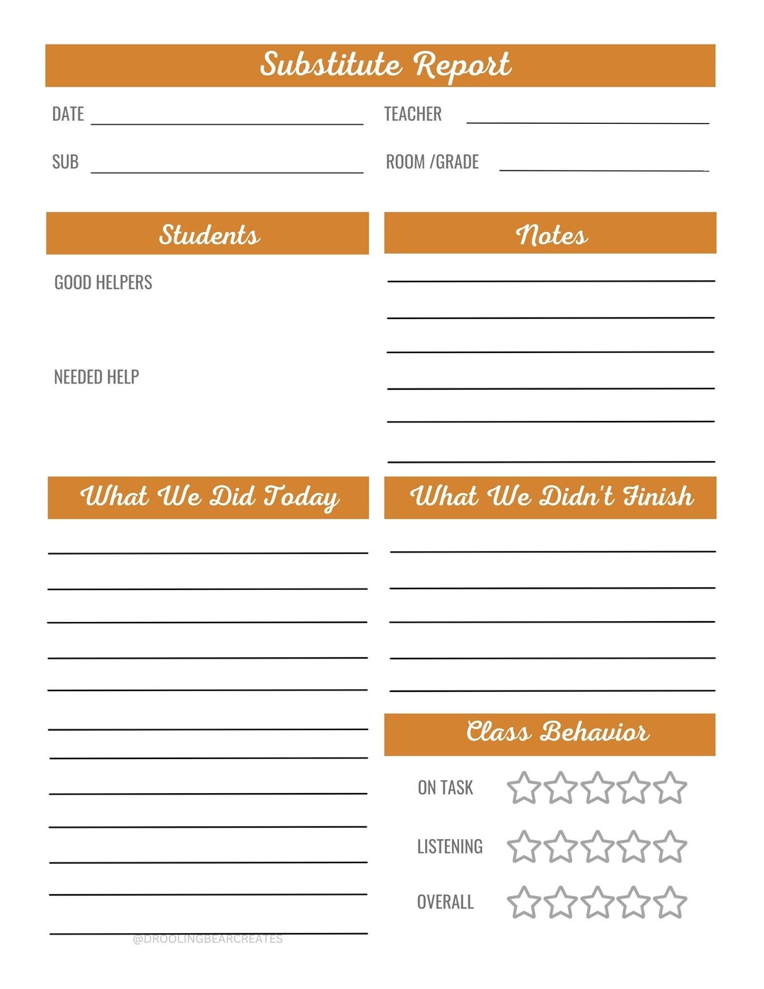 Oak Substitute Report, Substitute Teacher, Class Report Card - Etsy
