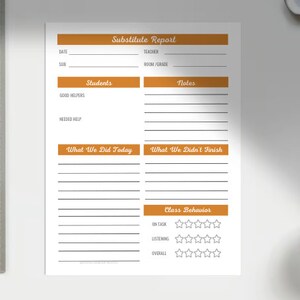 Oak Substitute Report, Substitute Teacher, Class Report Card - Etsy