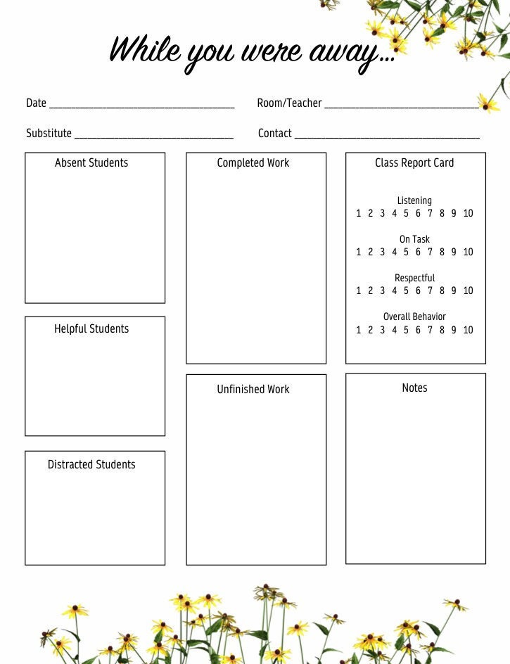 Daisy Substitute Report, Substitute Teacher, Class Report Card - Etsy