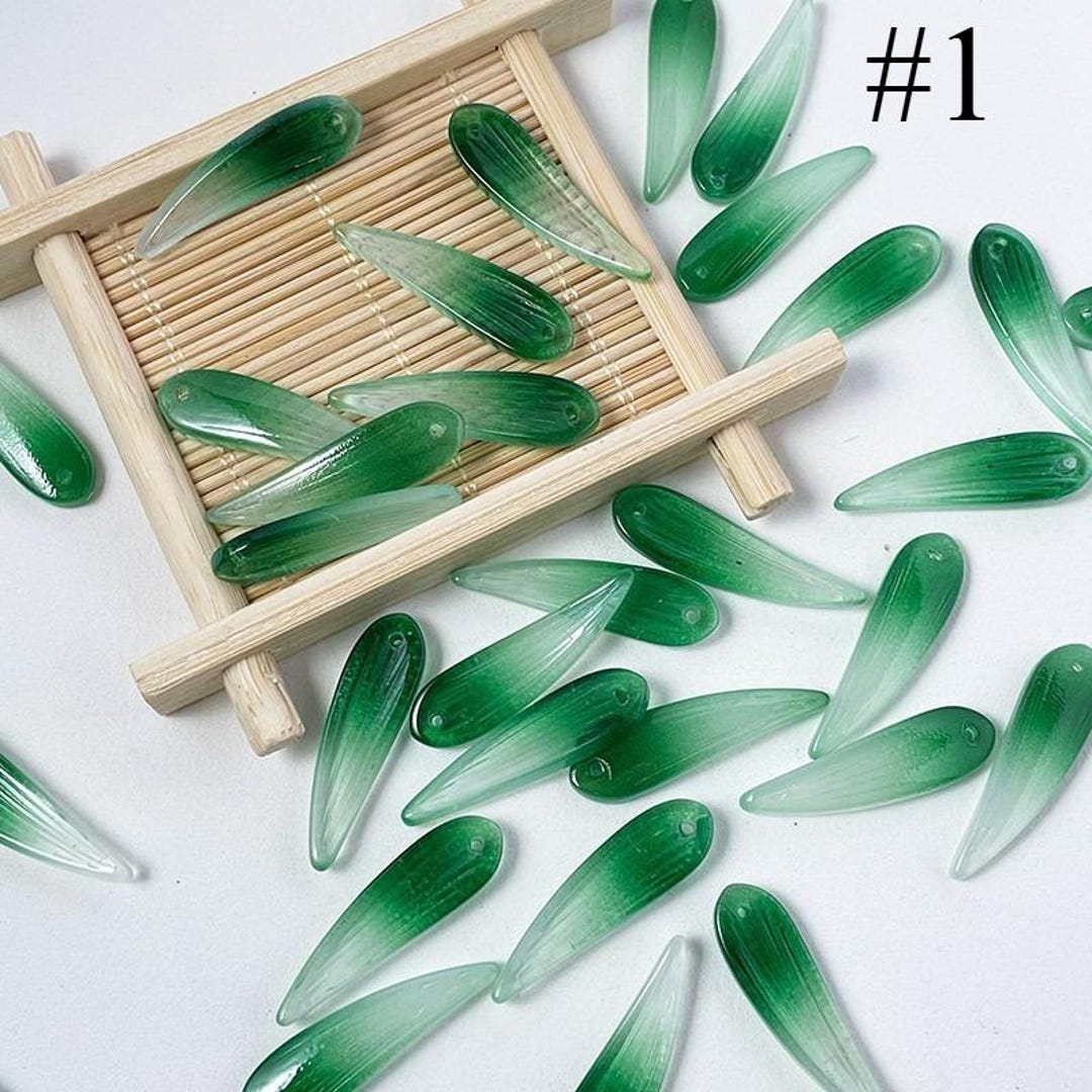 22pcs Glass Bamboo Leaf Beads, Green Leaf Shaped Spacer Charms for DIY ...