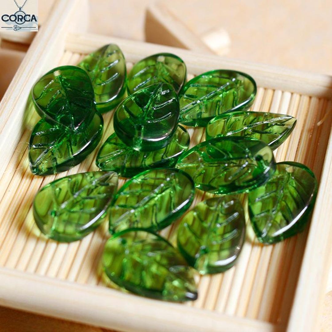 40pcs Green Leaf Glass Beads Flat Leaves Bead, Flower Leaf Beads Charms ...