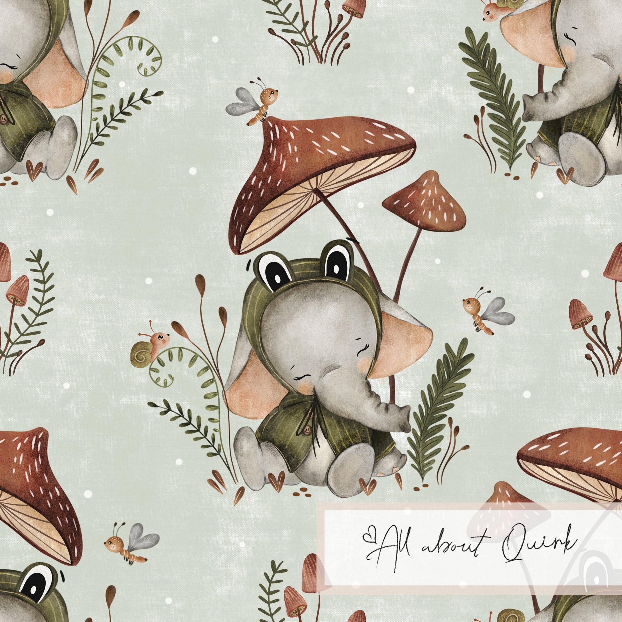 Cute Baby Elephant and Frog Costume Pattern, Forrest Mushrooms With ...