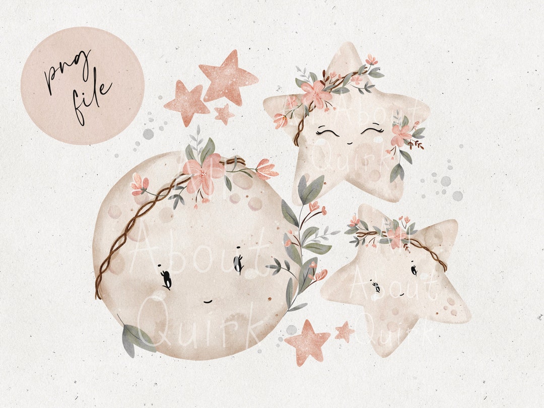 Cute Boho Stars and Moon PNG Clipart Bundle, Moon and Stars With Floral ...