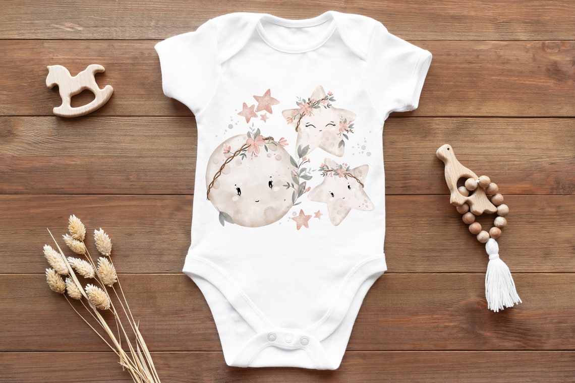 Cute Boho Stars and Moon PNG Clipart Bundle, Moon and Stars With Floral ...