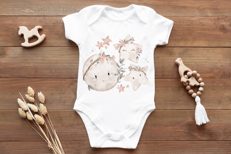 Cute Boho Stars and Moon PNG Clipart Bundle, Moon and Stars With Floral ...