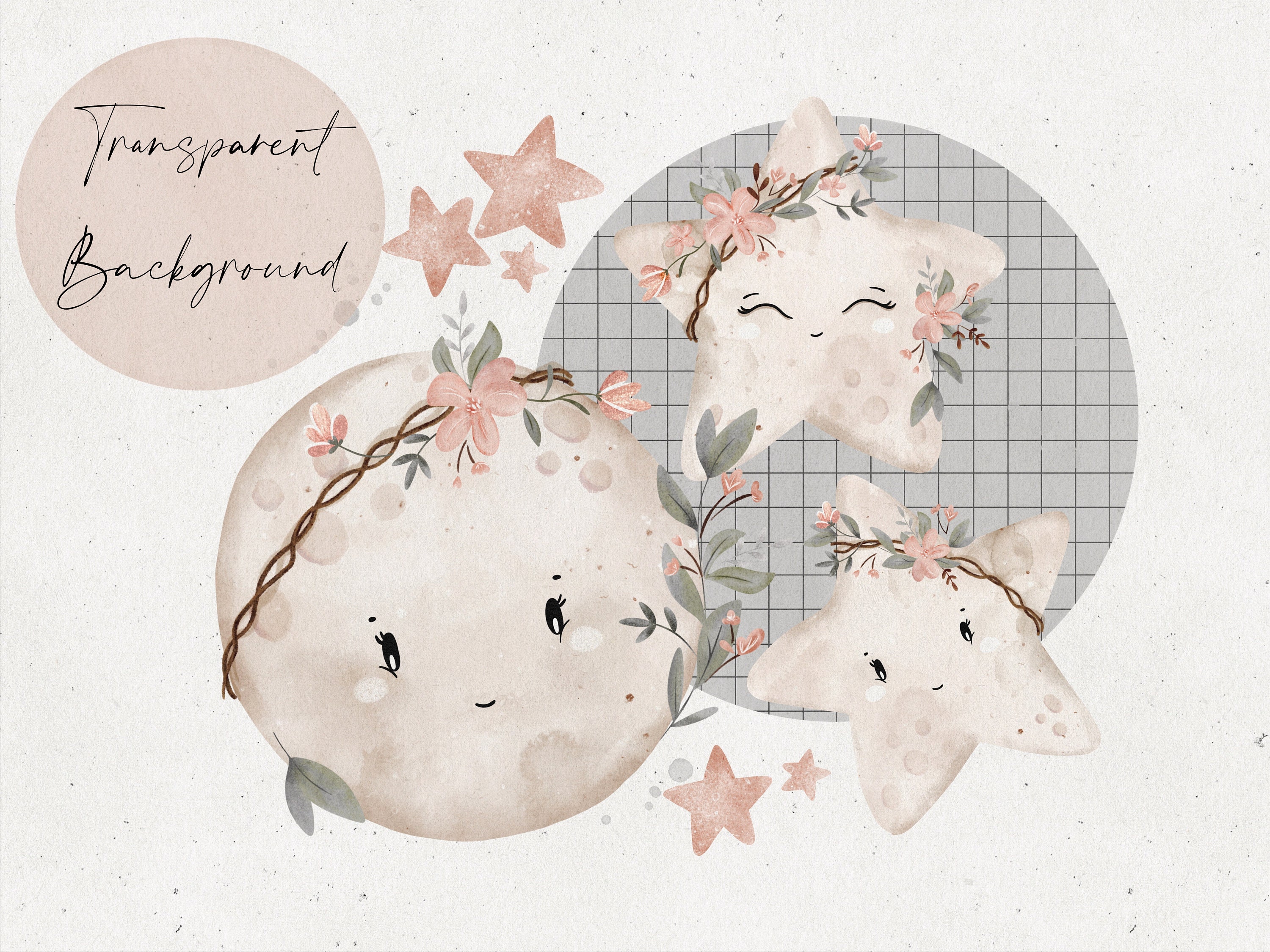 Cute Boho Stars and Moon PNG Clipart Bundle, Moon and Stars With Floral ...