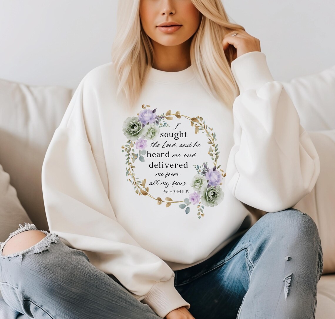 Scripture Sweatshirt, Psalm 34, Purple and Sage, Cute Jesus Sweatshirt ...
