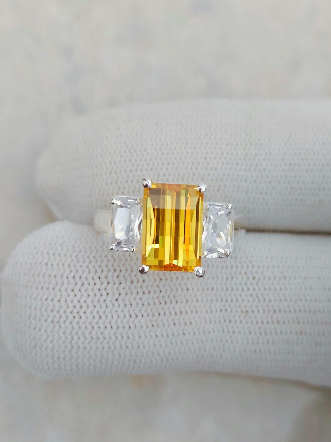 Pixel Cut Ring 925 Sterling Silver Ring Cubic Zirconia Zircon Rectangle ...