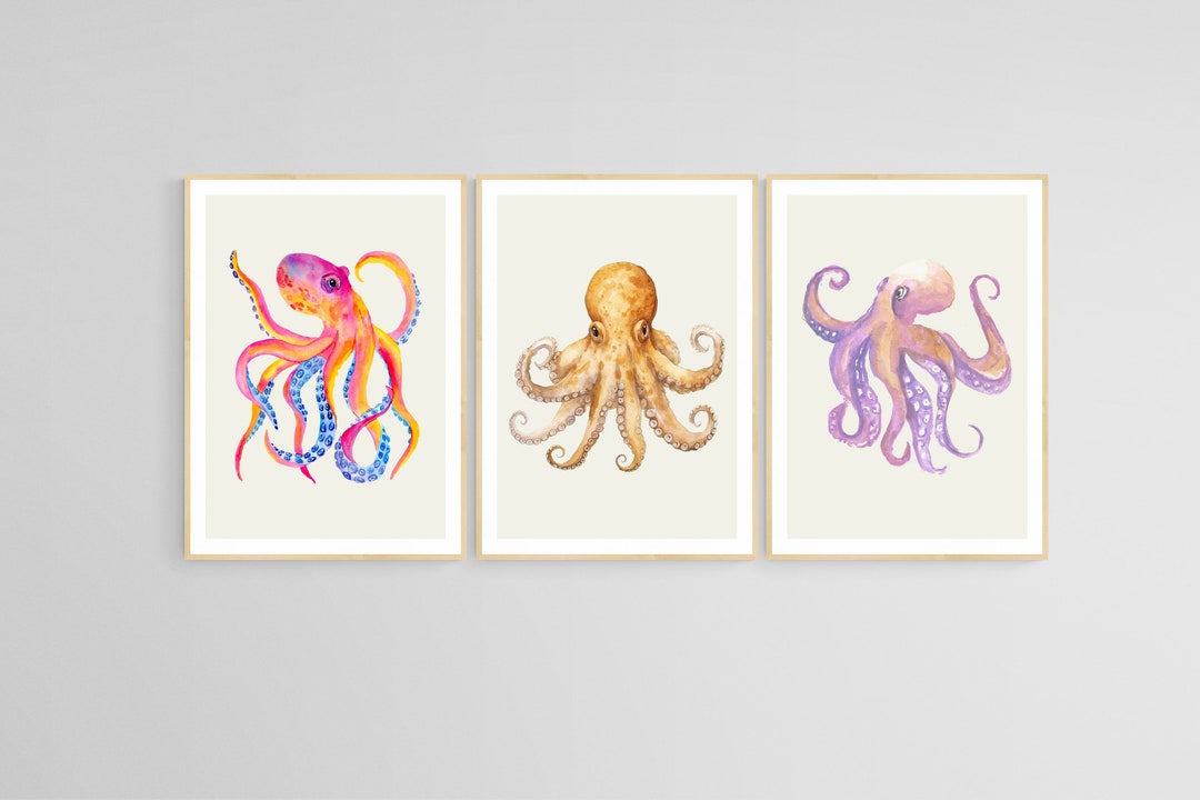 Octopus Art Prints | Set of 3 Prints | Watercolor Print | Nautical ...