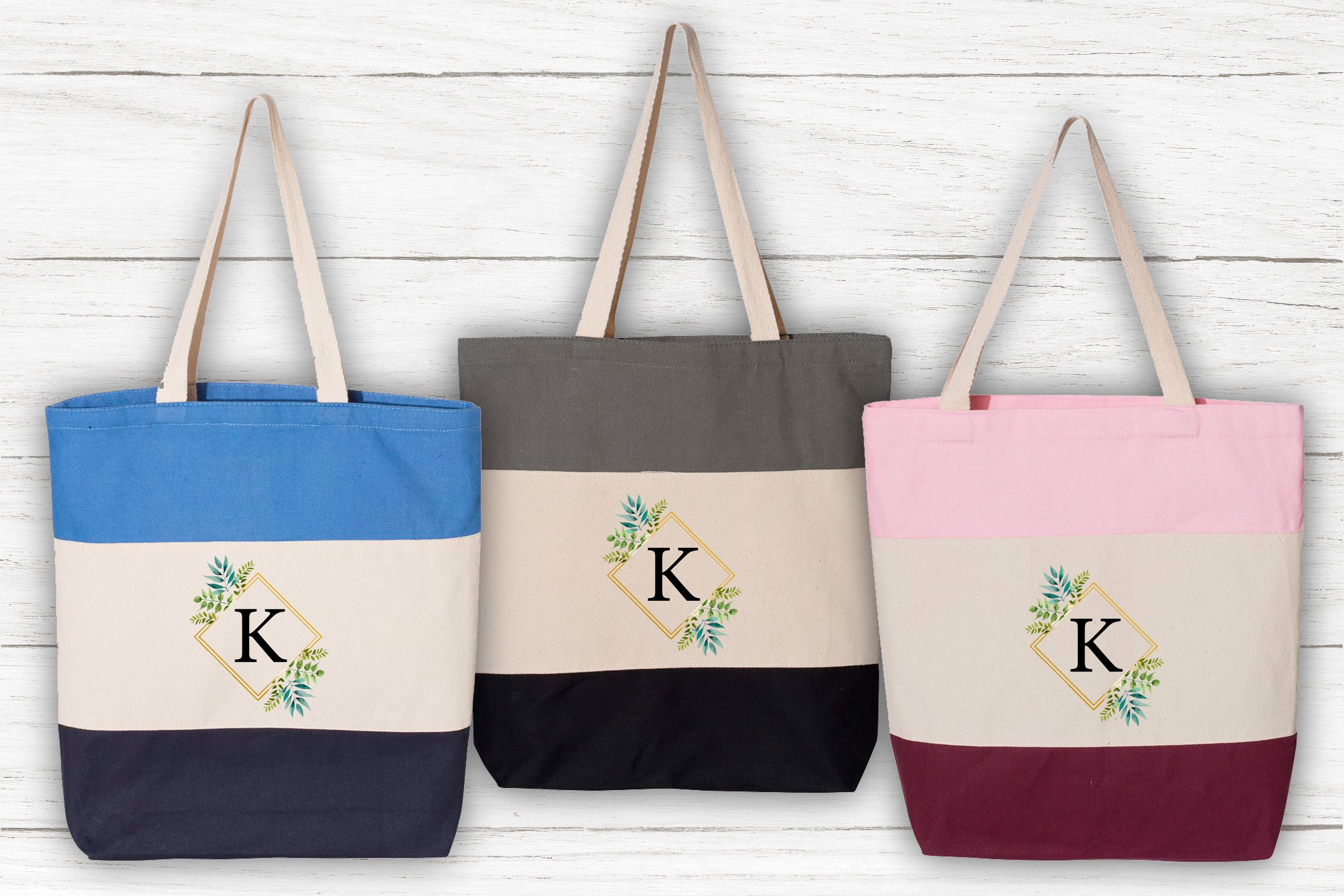 Personalized Tri-color Tote Bag, Custom Monogram Canvas Bag, Gold ...