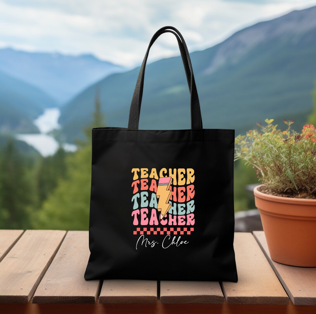 Personalized Teacher Tote Bag, Retro Teacher Book Bag, Lightening Bolt ...