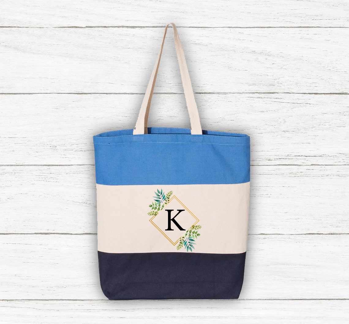 Personalized Tri-color Tote Bag, Custom Monogram Canvas Bag, Gold ...