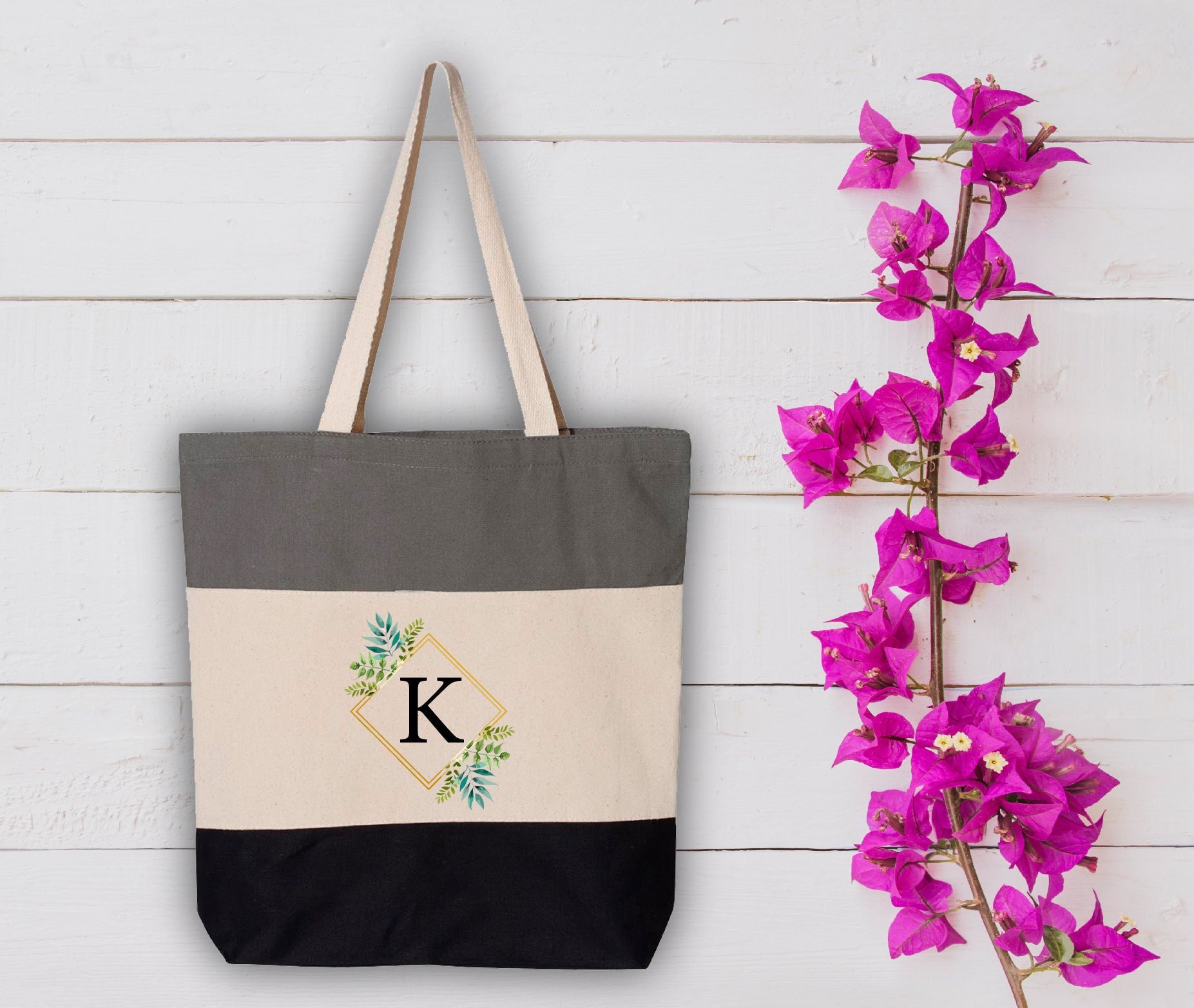 Personalized Tri-color Tote Bag, Custom Monogram Canvas Bag, Gold ...