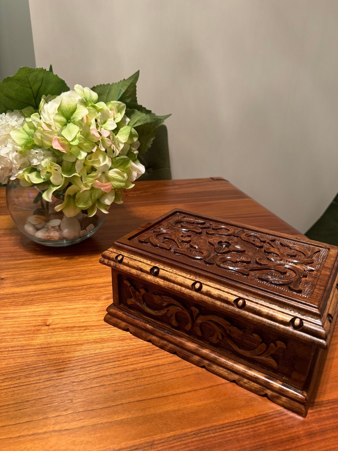Hand Carved Walnut Wood Jewellery Box, Walnut Carving, Secret Lock Wood ...