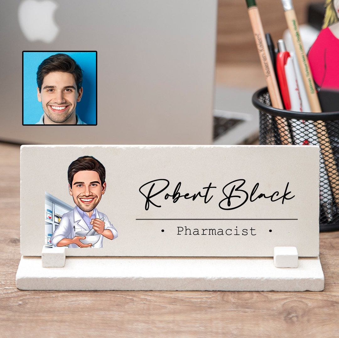 Pharmacist Desk Name Plate for Men With Caricature, Male Pharmacist ...