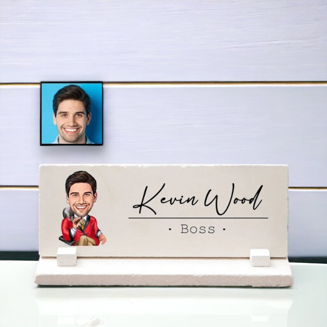 Boss Desk Name Plate for Men With Caricature, Male Boss Desk Sign ...