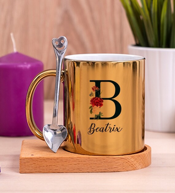 Personalized Gold Mug With Wooden Coaster and Spoon Custom - Etsy