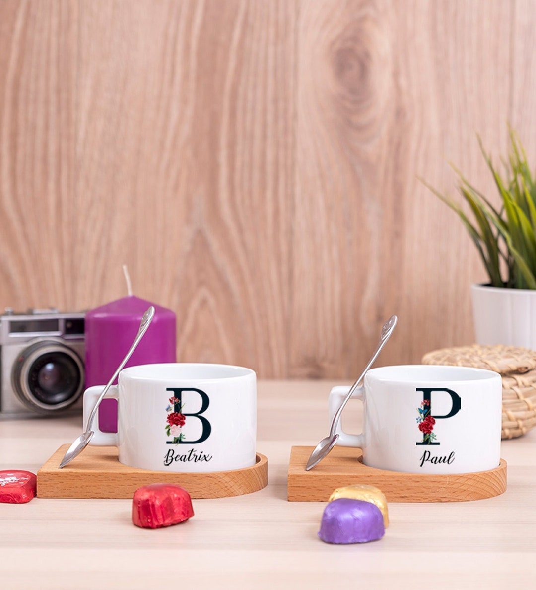 X2 Personalized Tea Cup With Wooden Saucer, Custom Tea Cup Set, Tea Cup ...