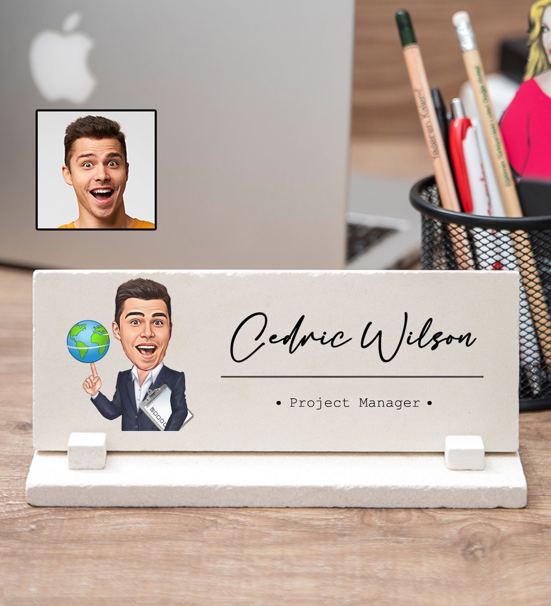 Project Manager Desk Name Plate for Men With Caricature, Male Project ...
