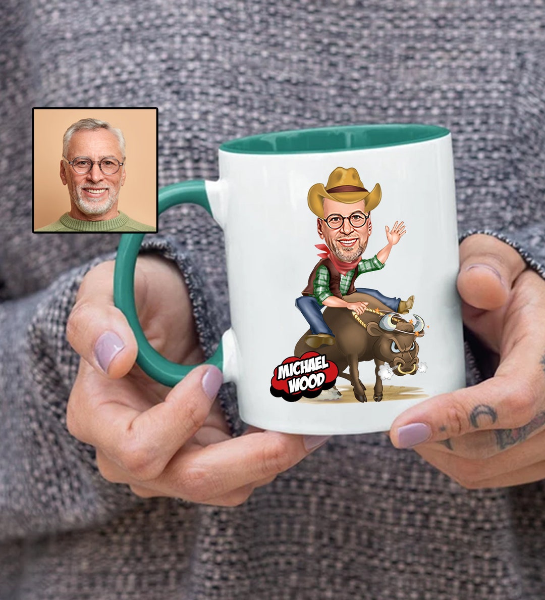Bull Rider Cartoon Coffee Mug, Funny Bull Riding Gift for Men, Bull ...