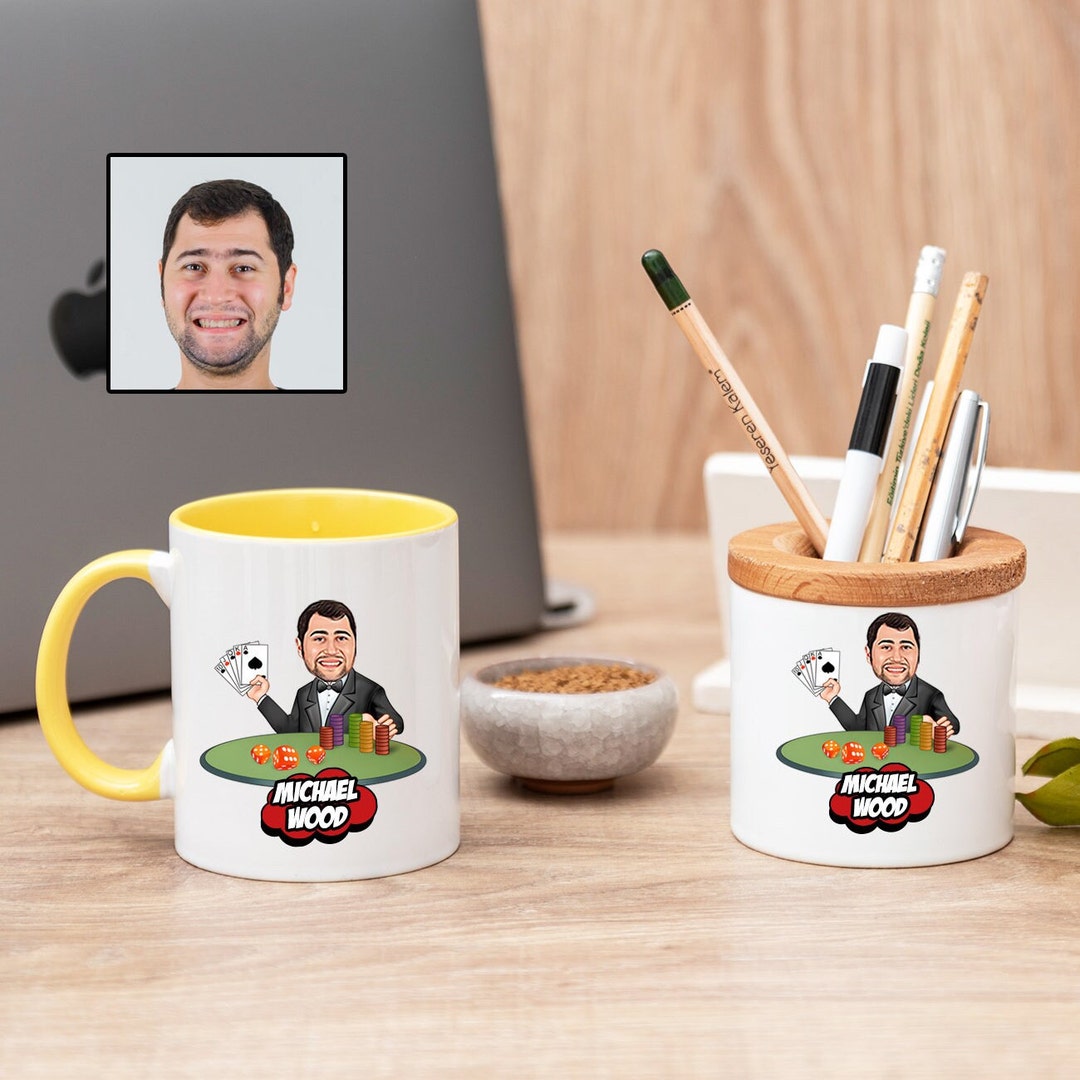 Poker Player Cartoon Mug and Pen Pot Gift Set, Poker Themed Gift for ...
