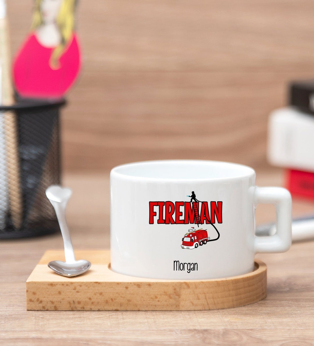 Personalized Fireman Mug With Wooden Base and Spoon, Firefighter Gift ...
