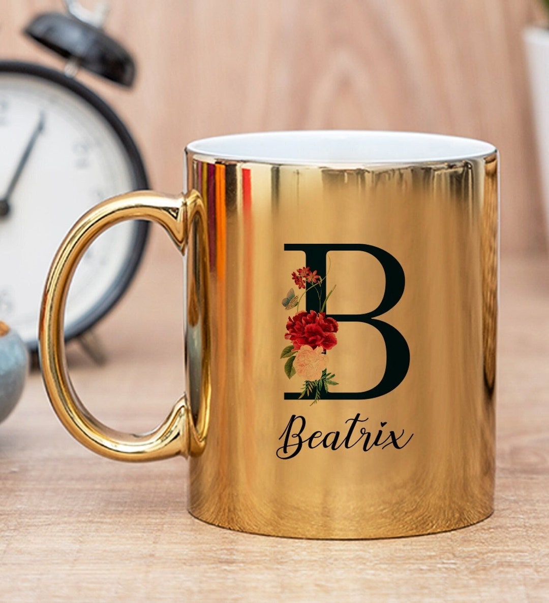 Personalized Mirror Monogram Coffee Mug With Initial, Custom Shiny Gold ...