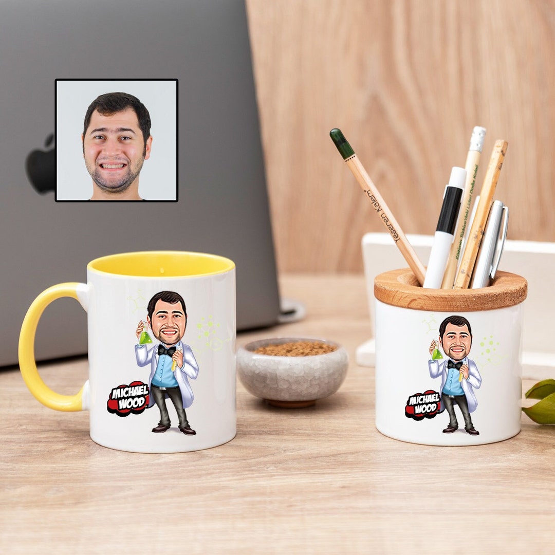 Chemist Cartoon Coffee Mug and Pen Pot Gift Set, Funny Chemistry Gift ...