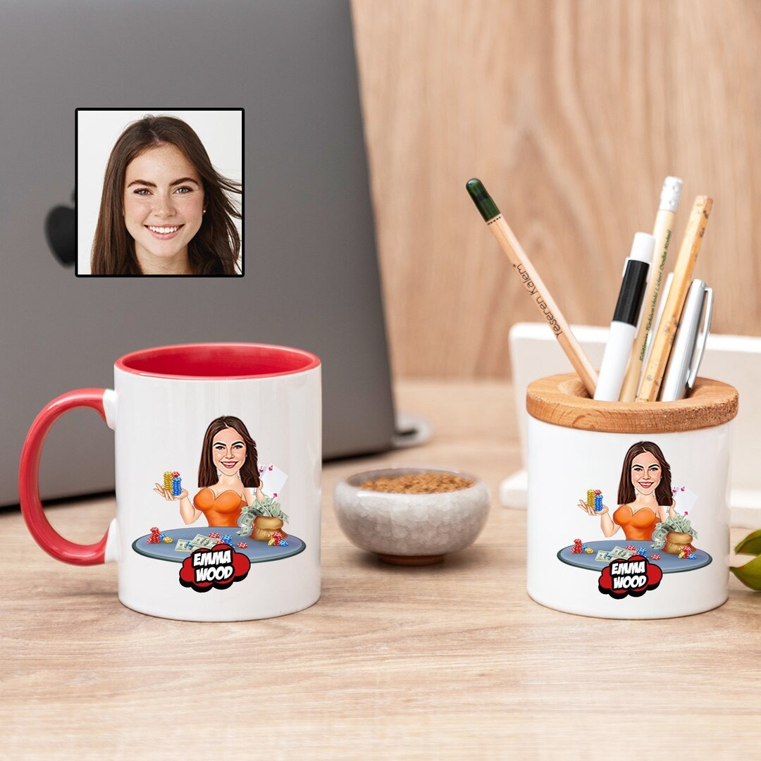 Poker Player Cartoon Mug and Pen Pot Gift Set, Poker Themed Gift for ...