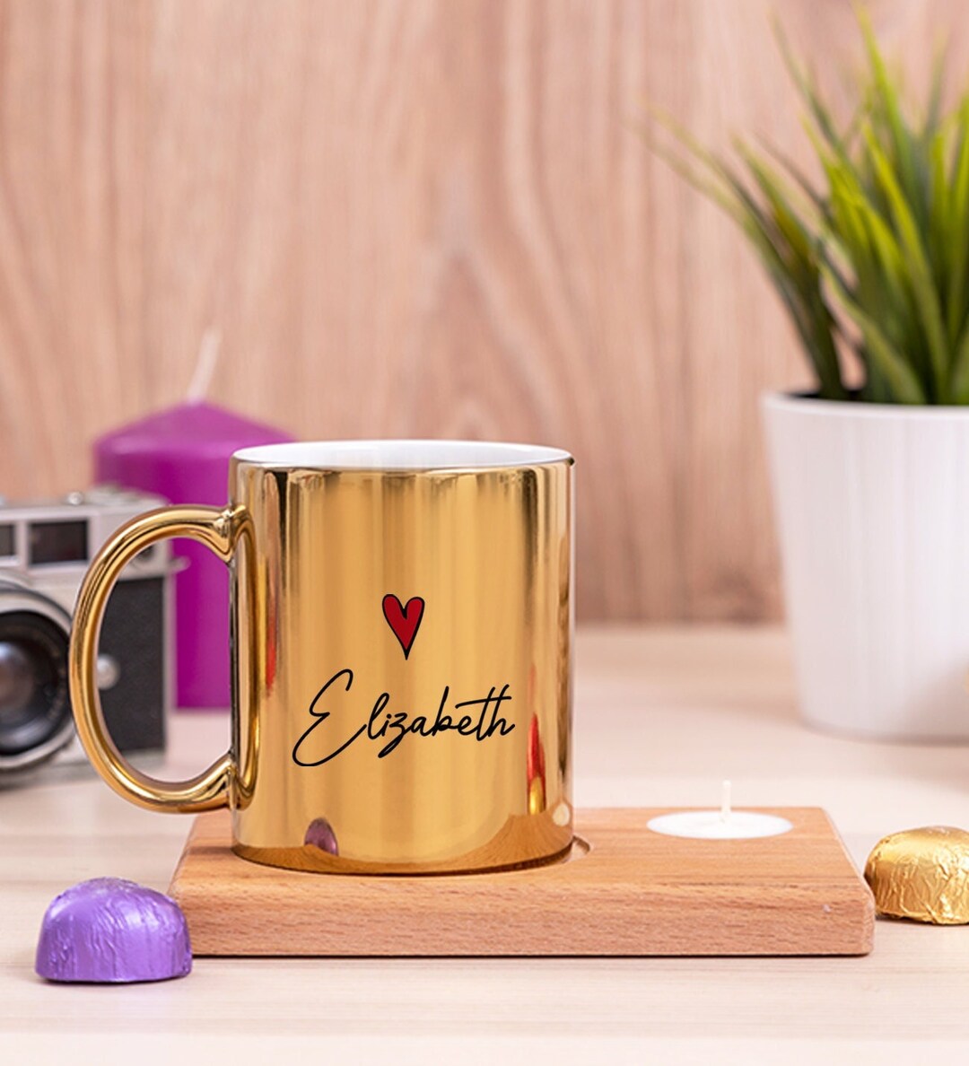 Custom Shiny Gold Mug With Wooden Coaster, Personalized Gold Mug With ...