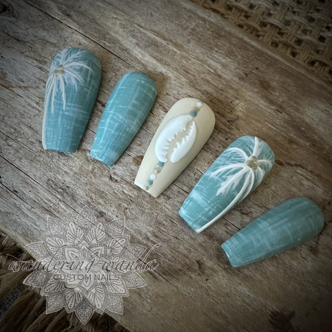 Coastal - 10pc | Beach | Seashell | Palm Tree | Press on Nails - Etsy