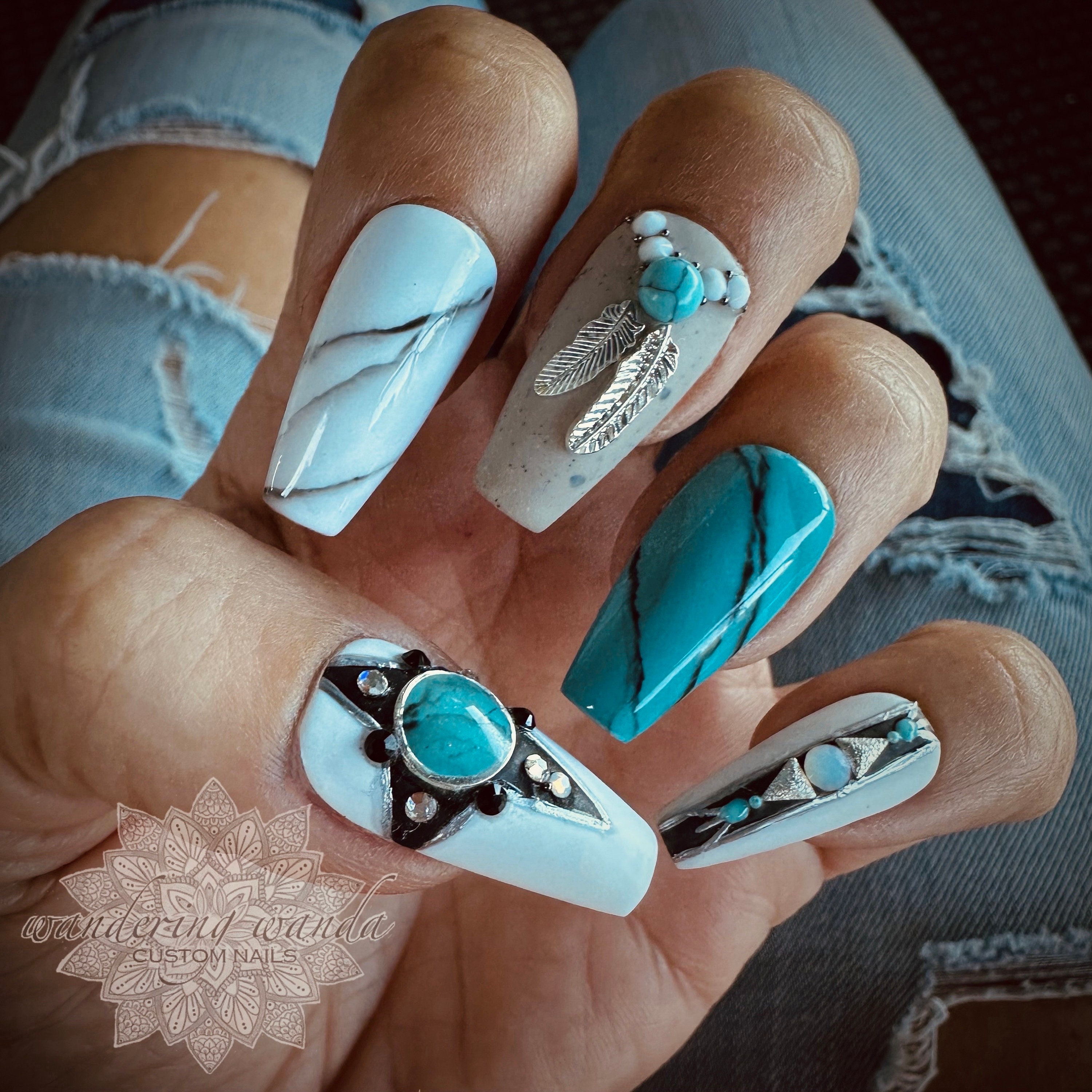 Free Spirit 10pc Western Marble Turquoise Country Feather Press on Nails Etsy