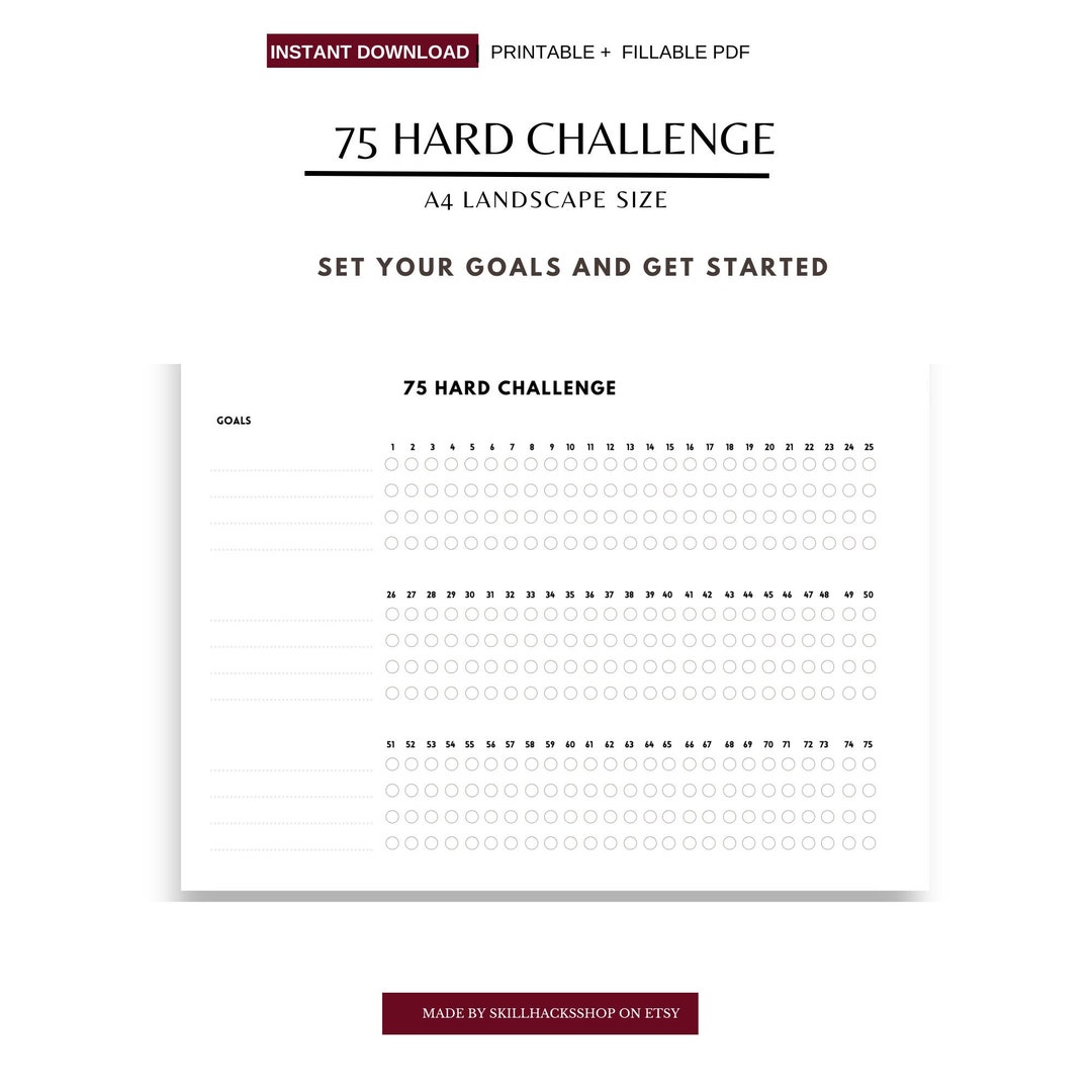 75 Hard Challenge One Page Printable Digital Template Landscape A4 ...