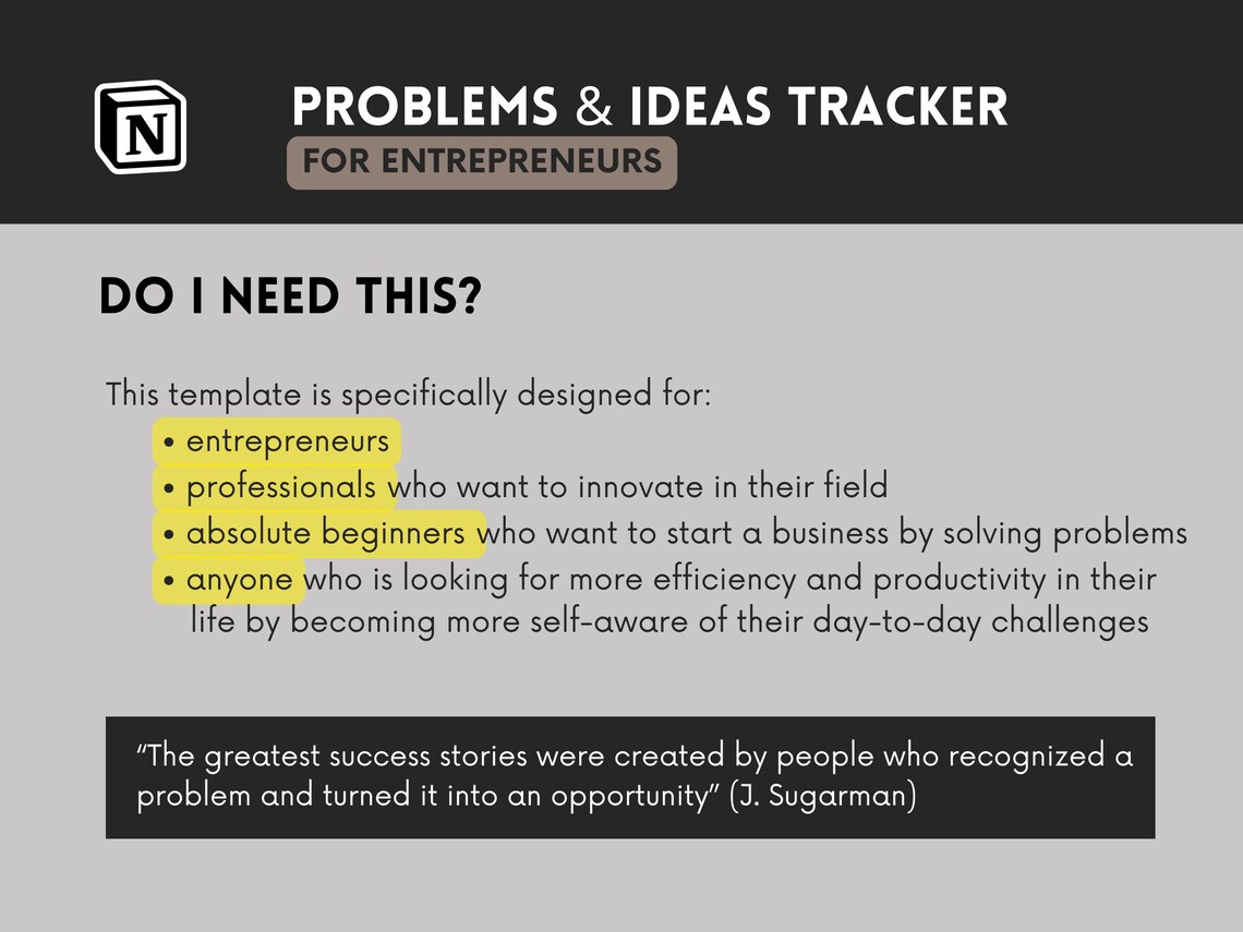 Notion Template Problems and Ideas Tracker for Entrepreneurs Notion ...