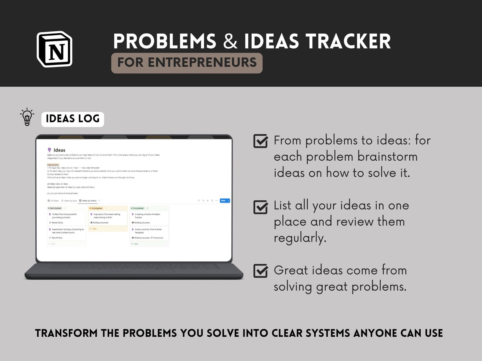 Notion Template Problems and Ideas Tracker for Entrepreneurs | Notion ...