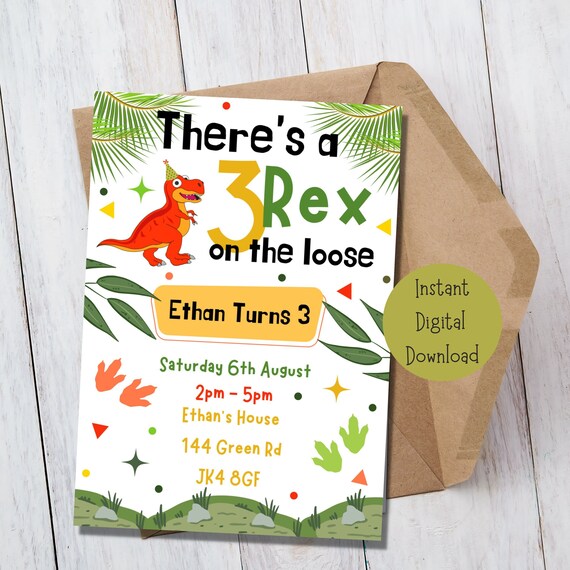 Three Rex Birthday Invite Dinosaur Party Editable Template - Etsy