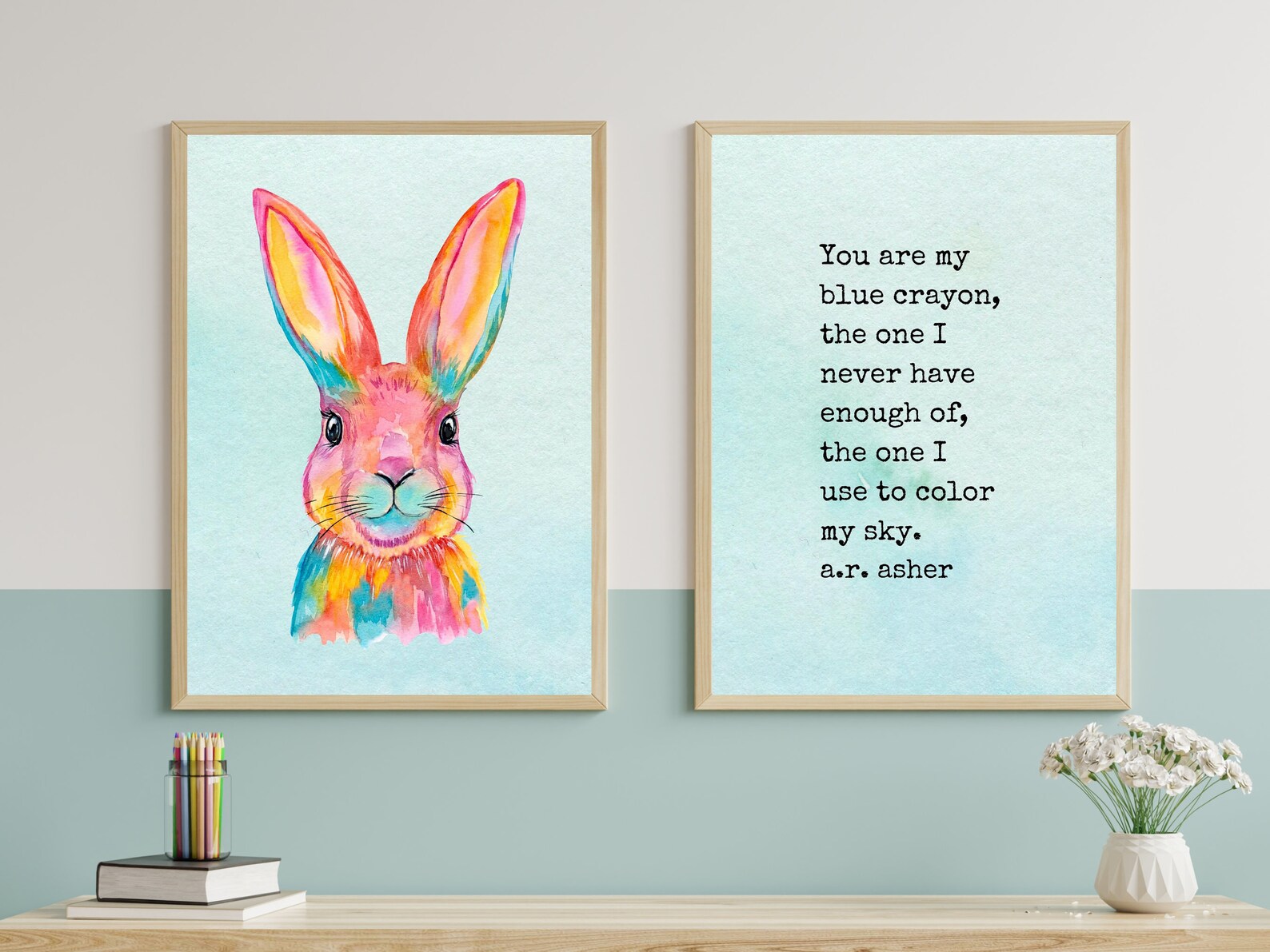 Colorful Rabbit Print, Love Quote Print, Nursery Wall Art, Quote Wall ...