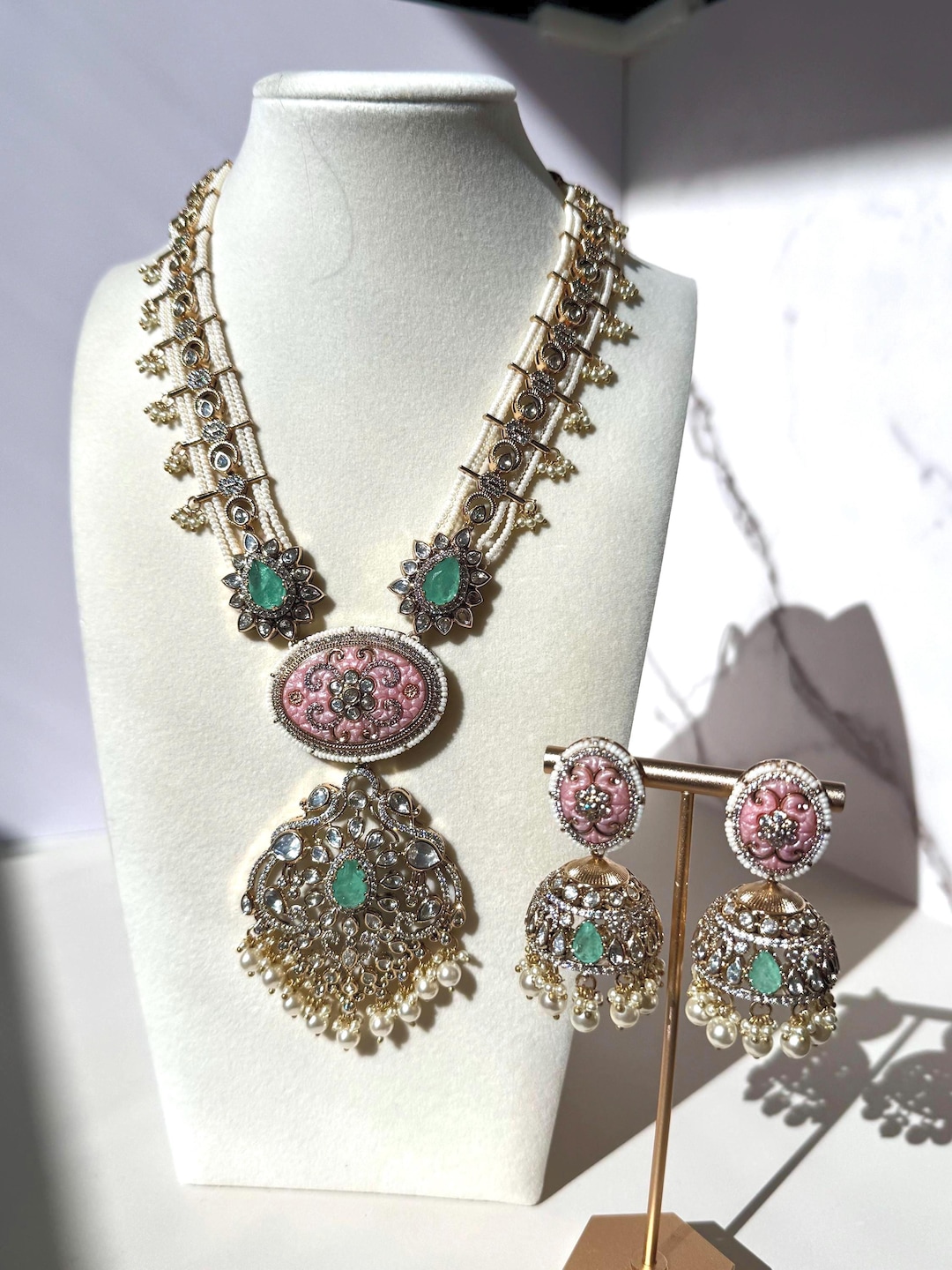 22k Gold Plated Maala Set W Jhumka W Premium Quality Moissanite Stones ...