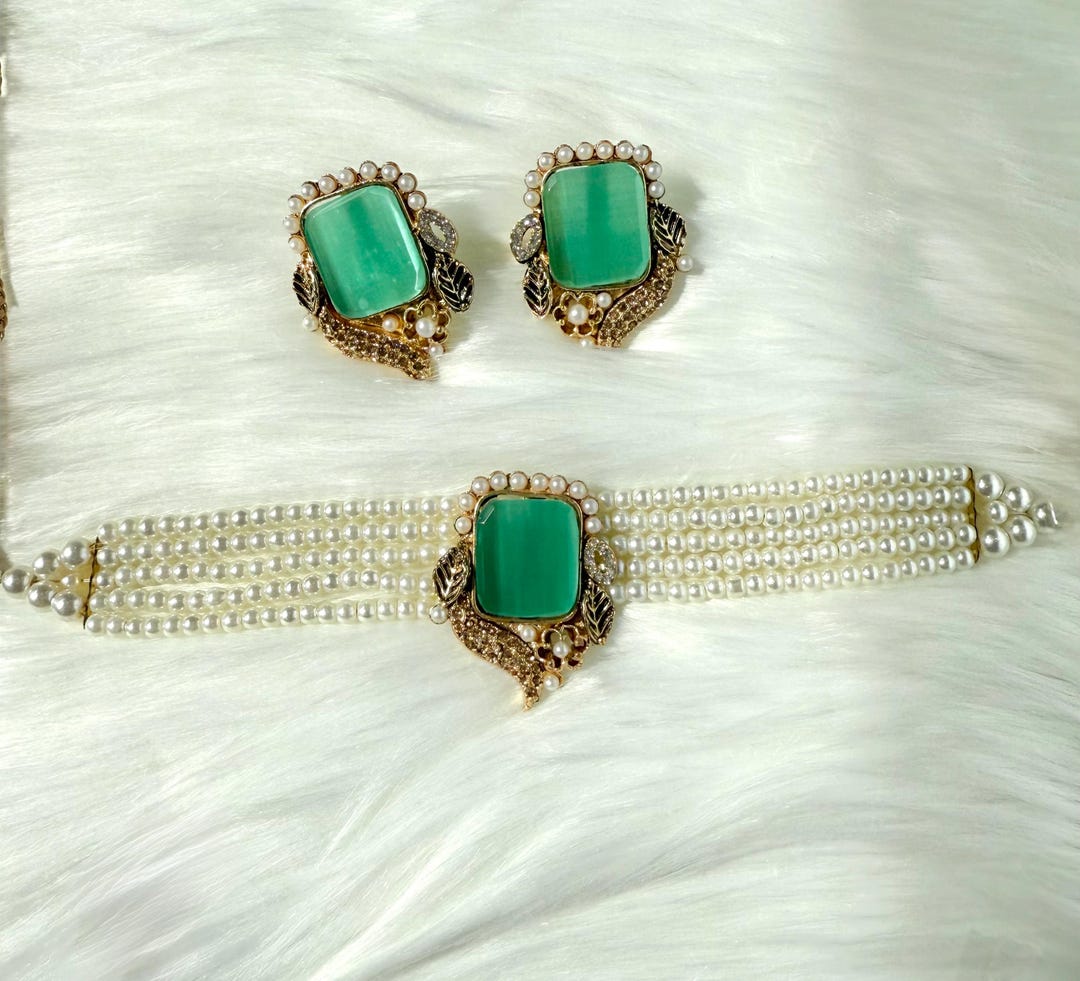 Moti Pearl Beads Choker Necklace, Cute Teal Mint Cubic Zirconia ...