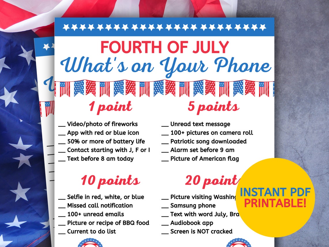 Fourth of July What’s on Your Phone | Printable Game | Office Party ...