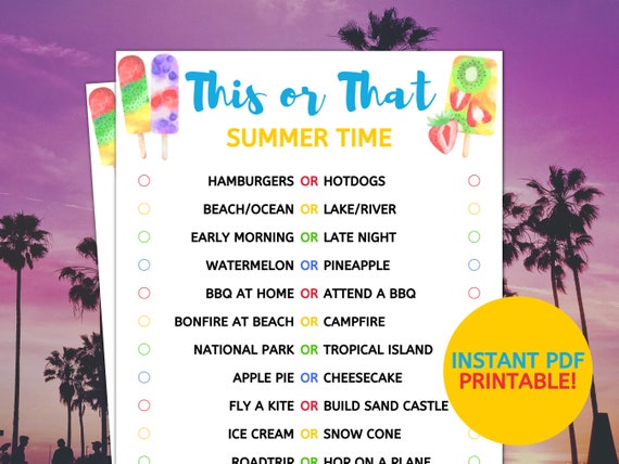 Summer Activity This or That Printable Summer Game Family - Etsy
