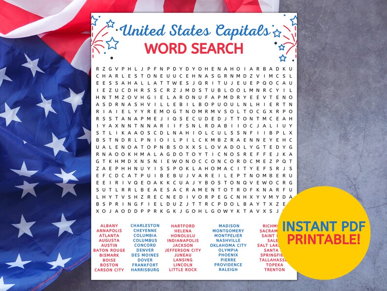 Patriotic Printable Word Search United States Capitals - Etsy