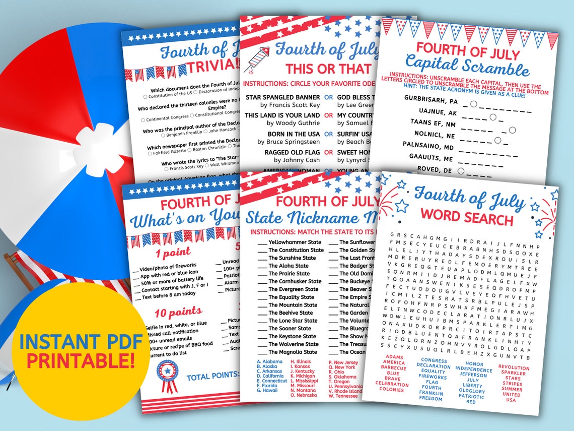 Fourth of July Game Bundle Printable Games for Office Independence Day ...