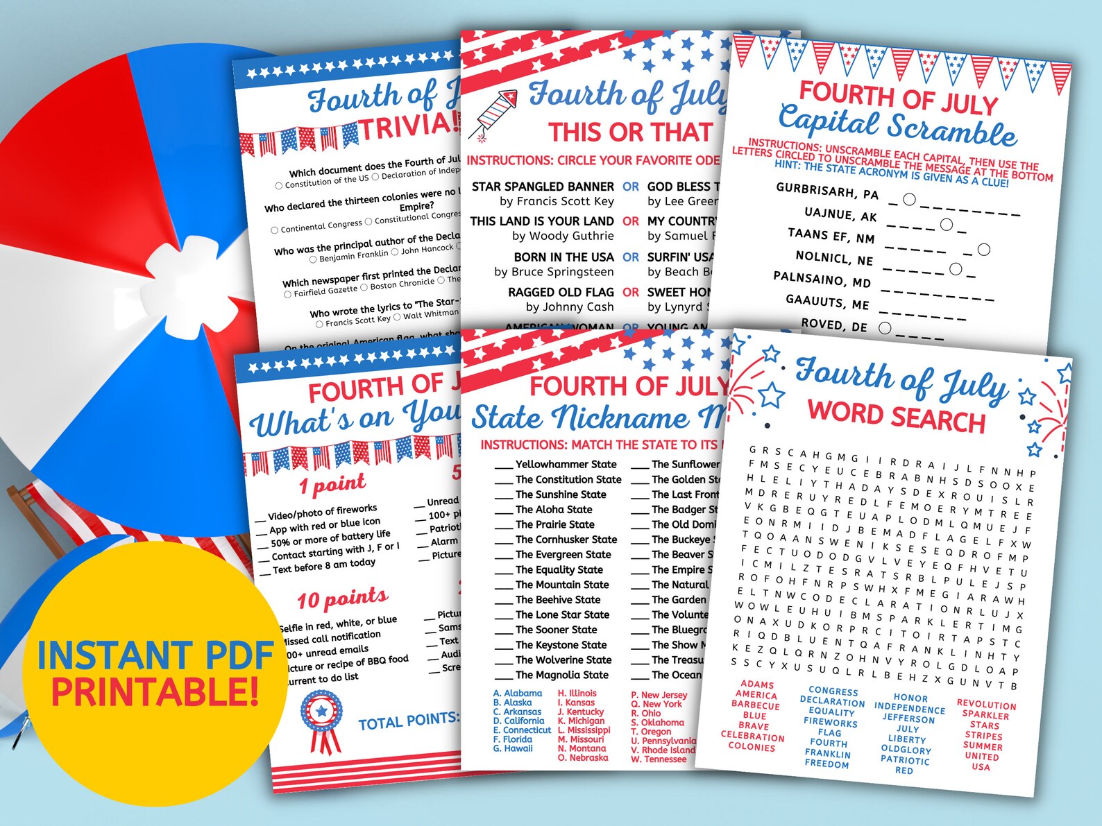 Fourth of July Game Bundle Printable | Games for Office | Independence ...