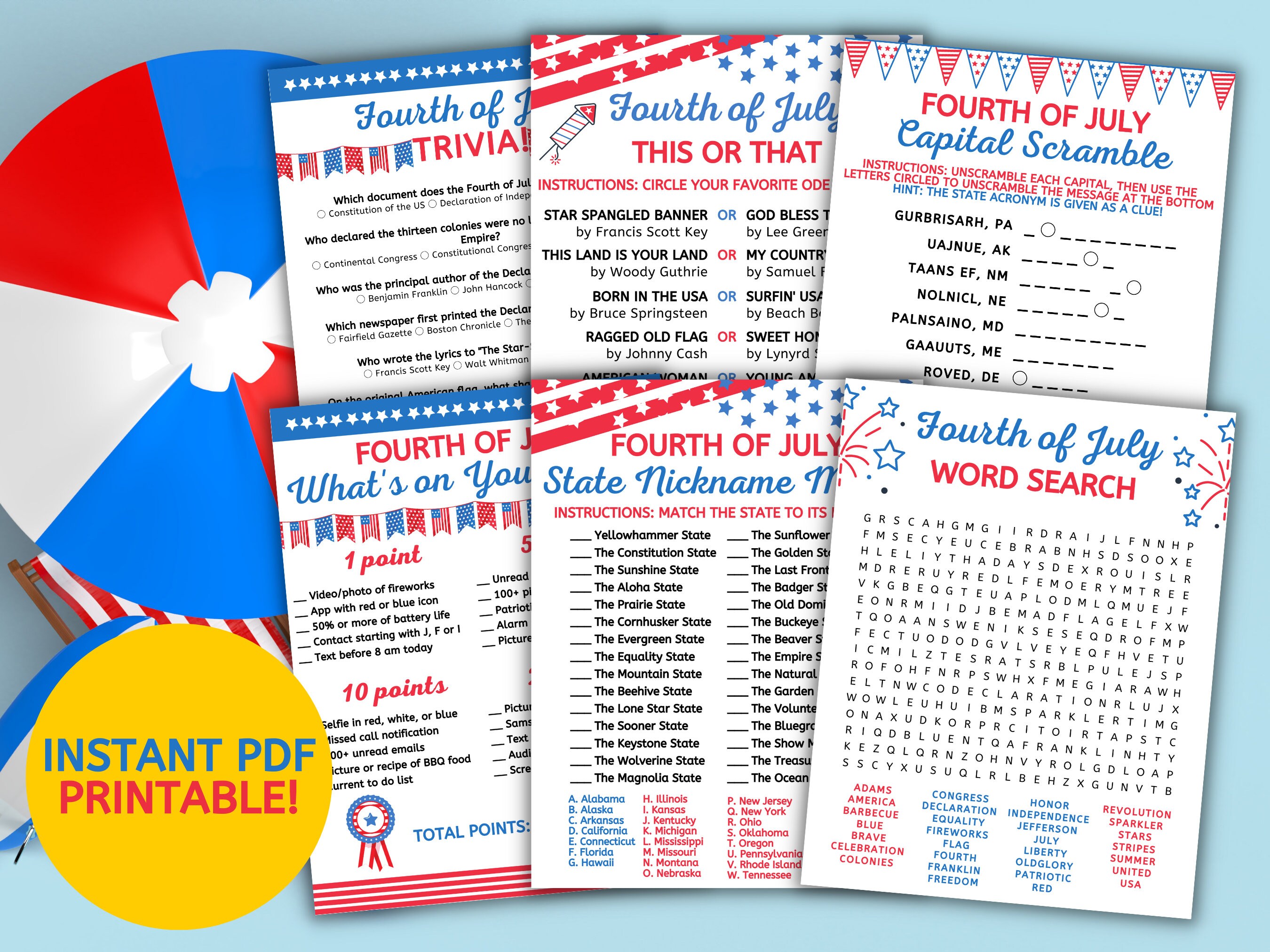 Fourth of July Game Bundle Printable | Games for Office | Independence ...