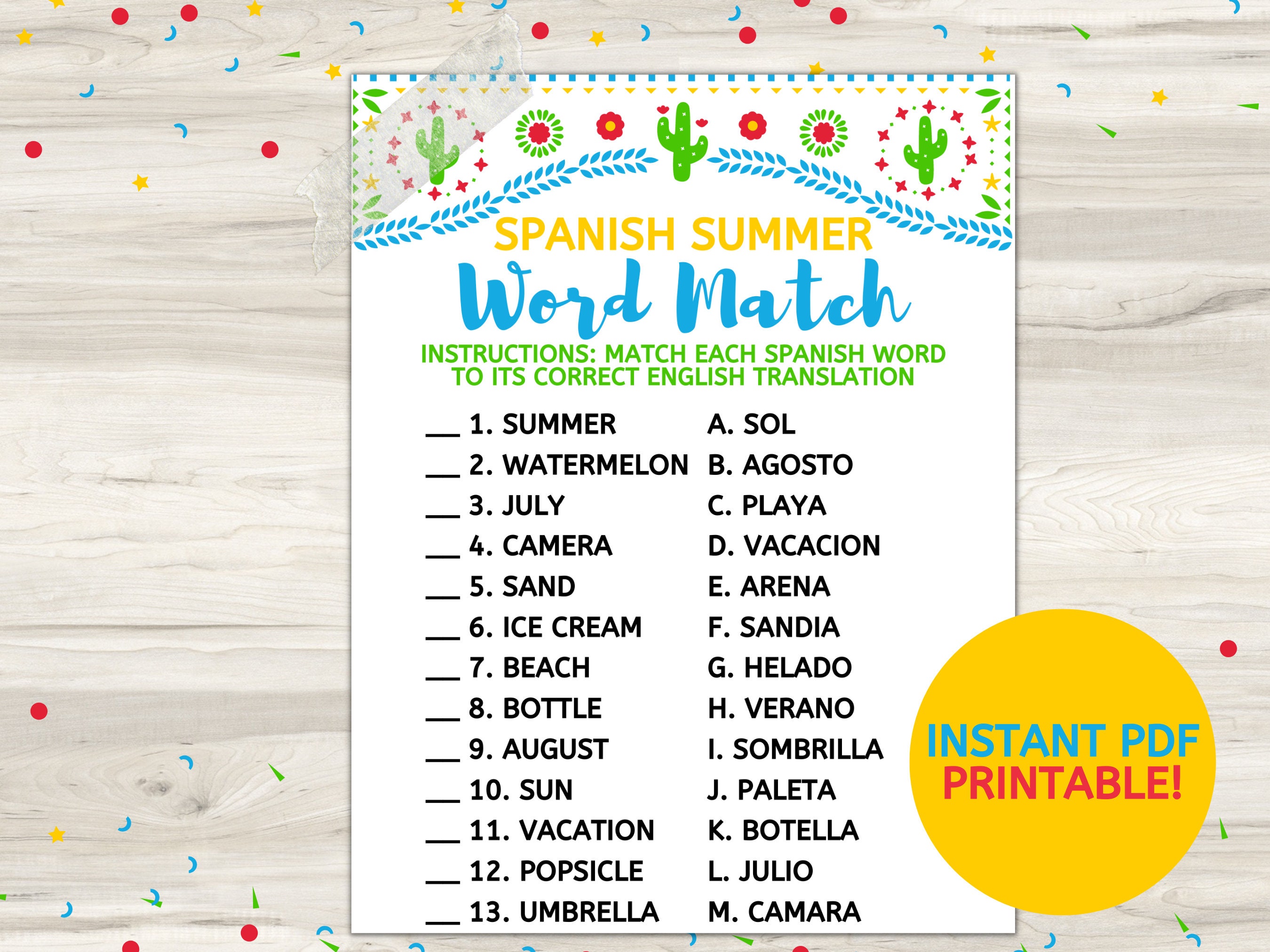 Spanish Printable Word Match | Summer Activity Game | Summer Fiesta ...