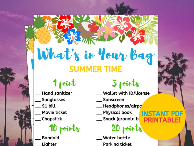 Summer What's in Your Bag Game | Printable Beach Party Activity ...