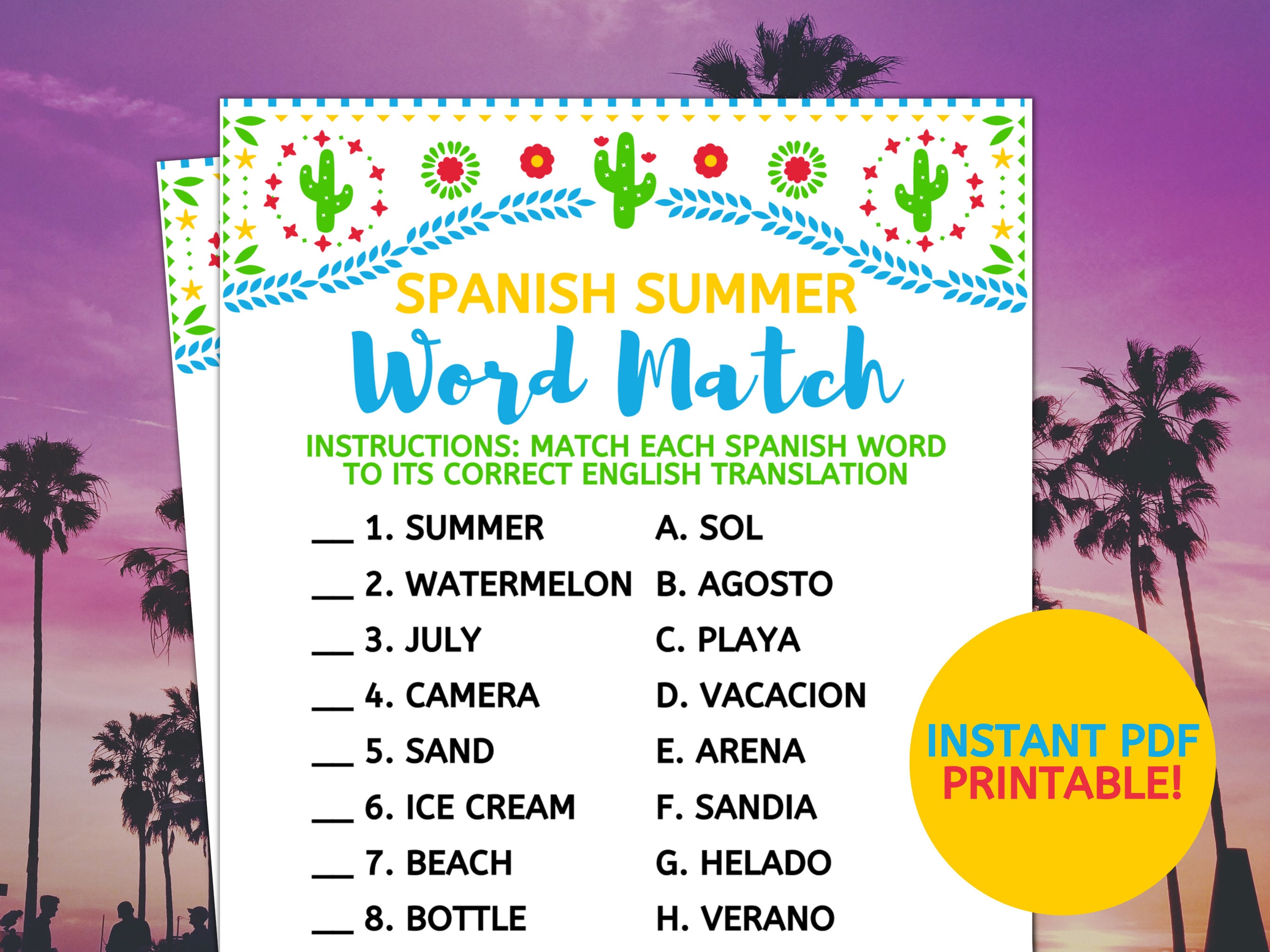 Spanish Summer Word Match Game | Fiesta Activity (instant Download) - Etsy