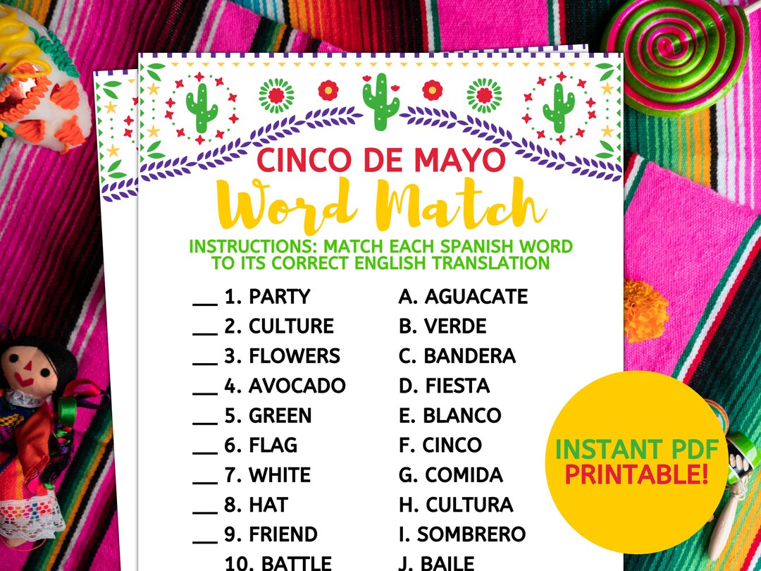 Cinco De Mayo Word Match Game – Fiesta Party Printable (digital ...